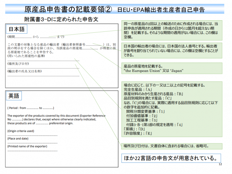 日EU・EPA原産品申告書記入例（英語等全言語） – 関税削減.com【HSコード分類事例の解説】
